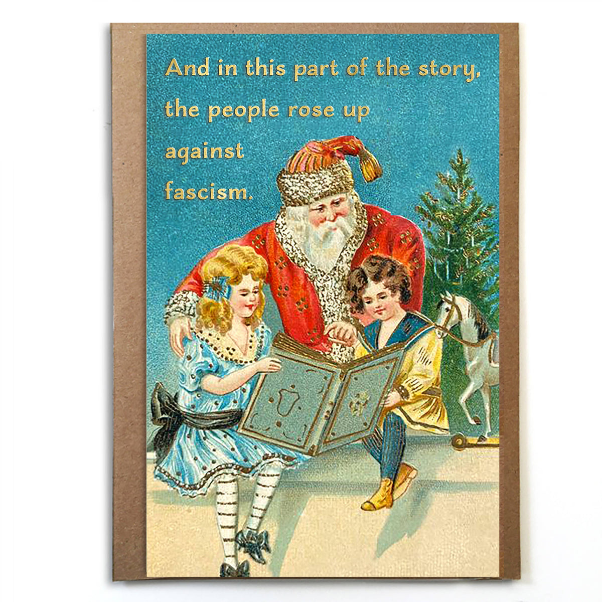 Anti-Trump Santa reading anti-fascist book to children Greeting Card ...